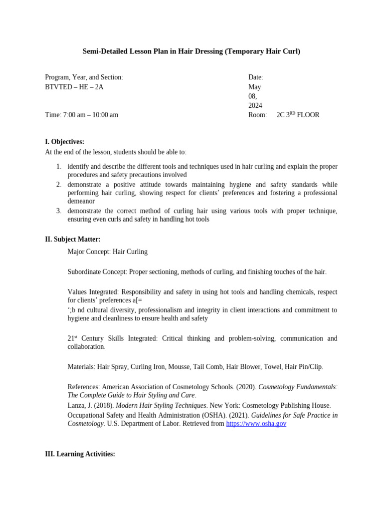 Semi Detailed Lesson Plan Template | PDF | Hairstyle