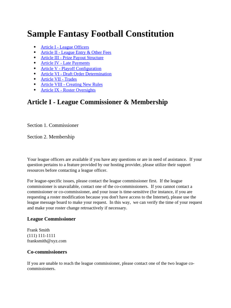 Sample Fantasy Football Constitution | PDF | Fee | Government
