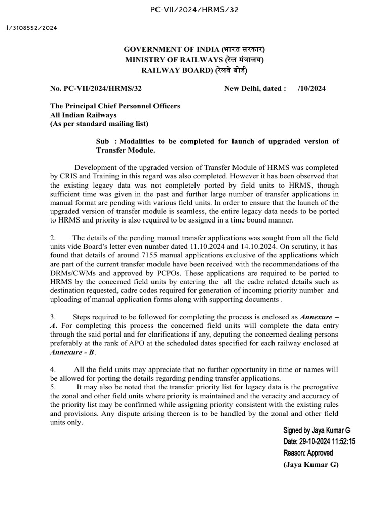 MODALITIES FOR UPGRADED TRANSFER MODULE - LETTER TO RAILWAYS DT 29-10 ...