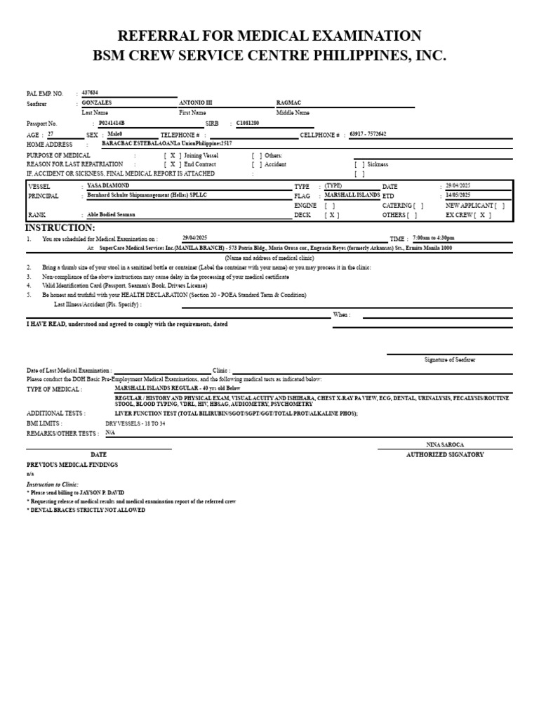 Referral For Medical Examination - AB GONZALES YASA LOTUS | PDF ...