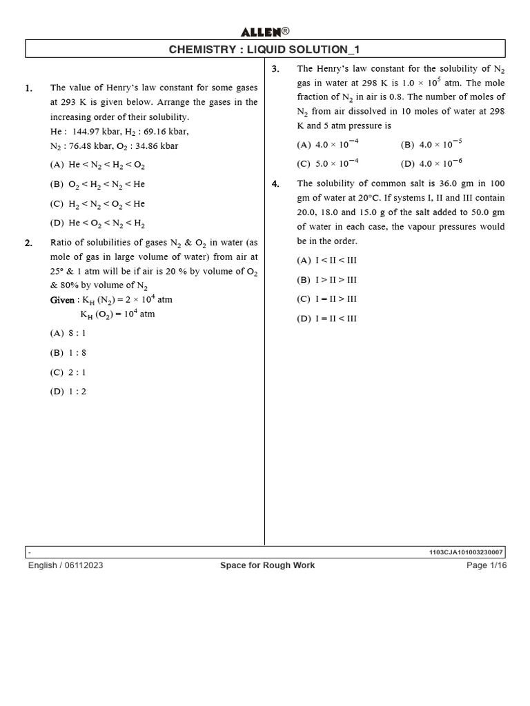 Solubility Ratios of N2 and O2 in Water | PDF | Transparent Materials ...