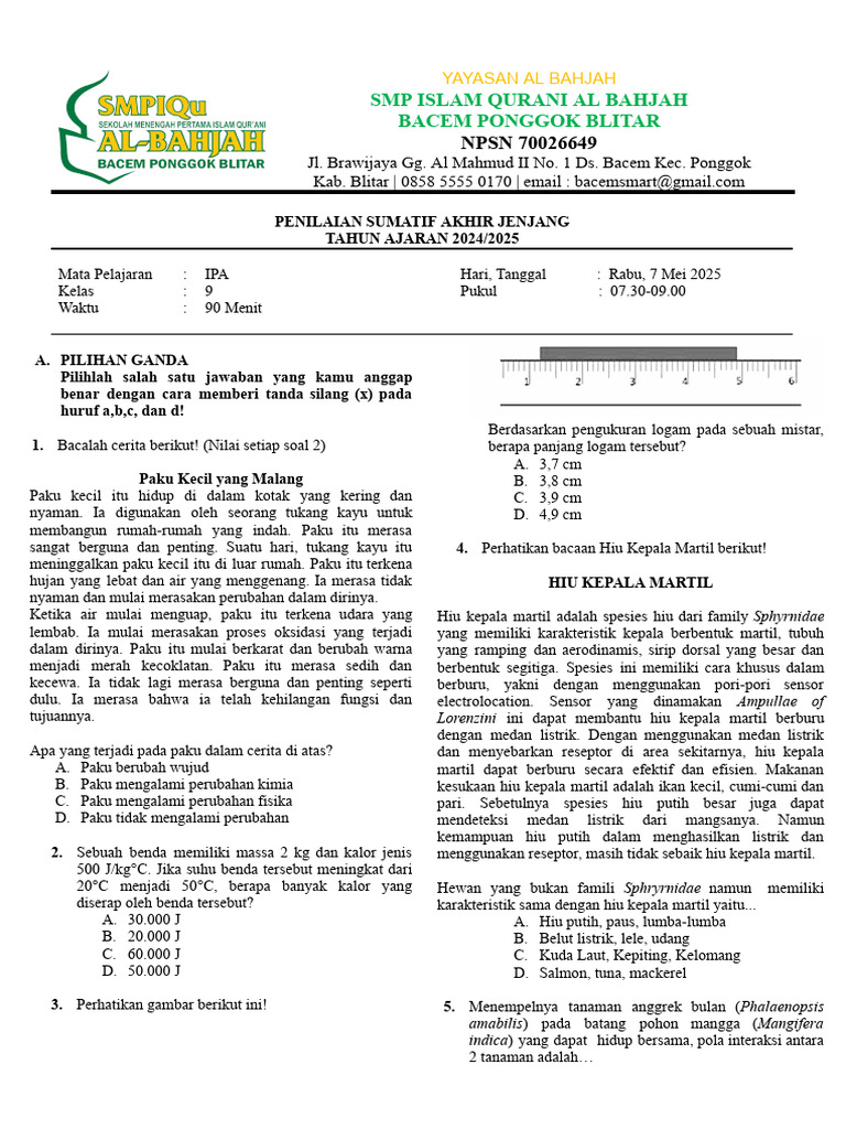 US IPA Kelas 9 2025 PSAJ SMPIQU AL BAHJAH BLITAR | PDF