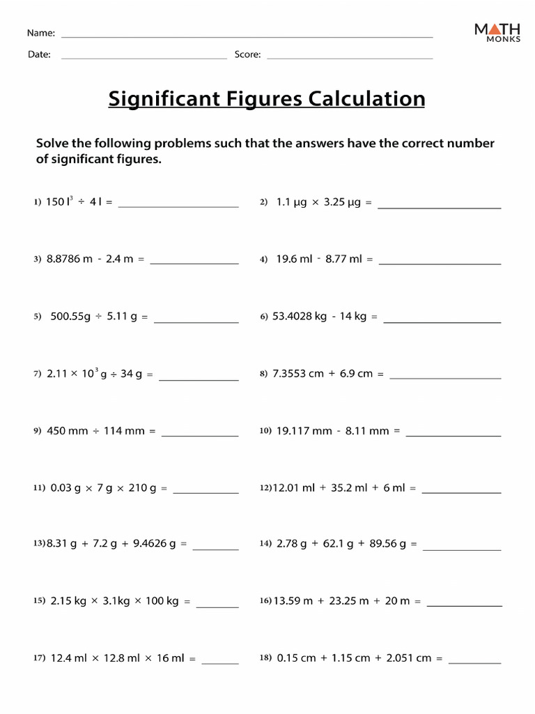 Significant Figures Calculations Worksheet | PDF