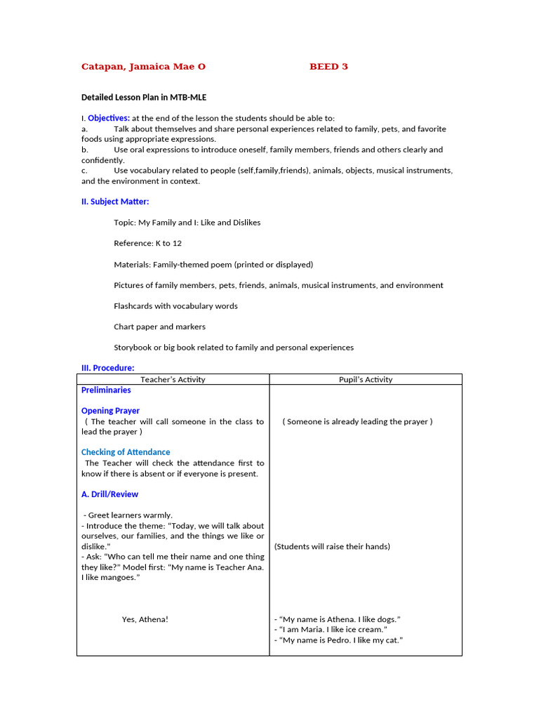 Detailed Lesson Plan (MTB-MLE) | PDF | Learning