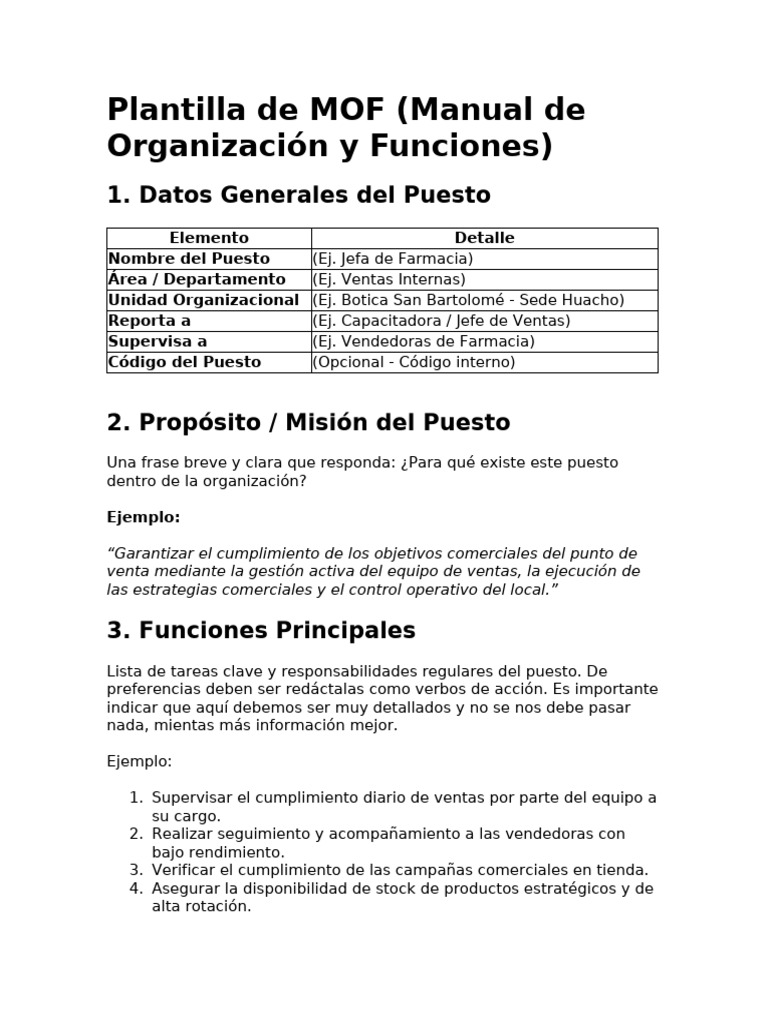 Plantilla de Manual de Organización y Funciones - MOF - Red Salud MODELO | PDF | Farmacia ...