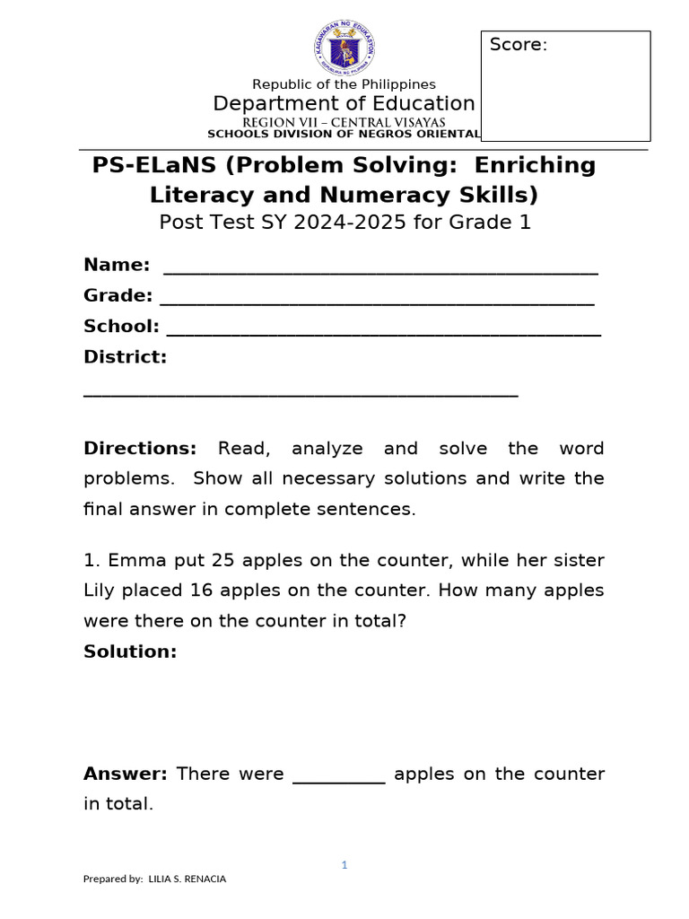 Grade 1 Math Post Test 2024-2025 | PDF | Learning | Cognition