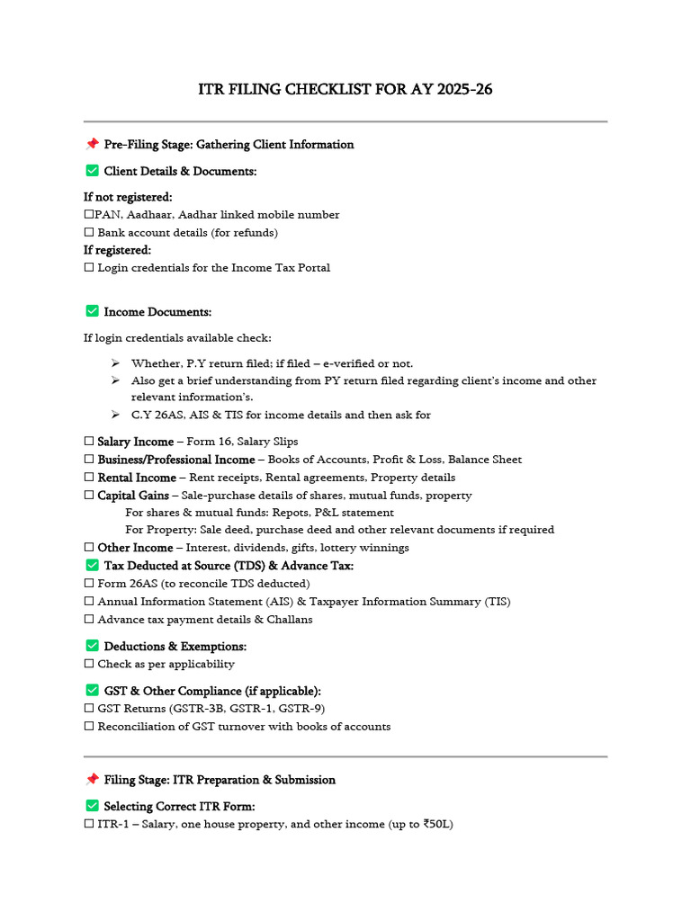 ITR Filing Checklist For AY 2025 | PDF | Taxes | Capital Gain