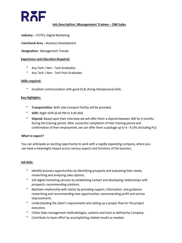 Job Description: Management Trainee DM Sales: Industry Functional Area ...