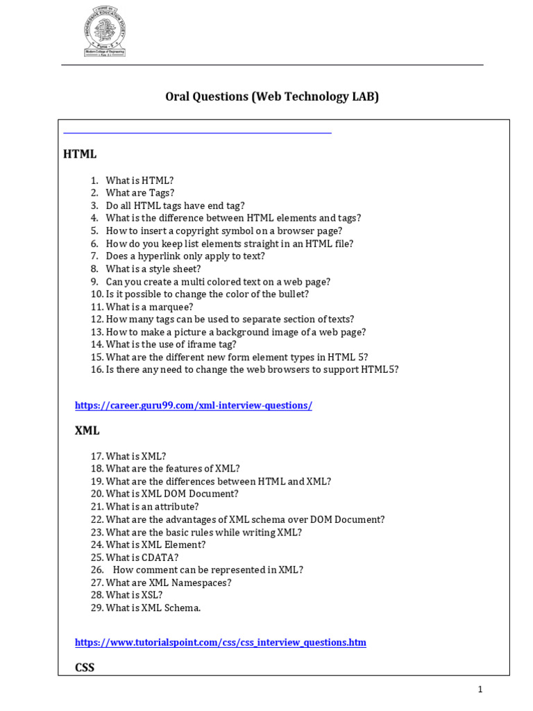 WT Oral Question Bank by Modern CLG | PDF | Html Element | Html