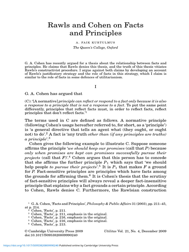 Rawls and Cohen On Facts and Principles | PDF | John Rawls | Justice
