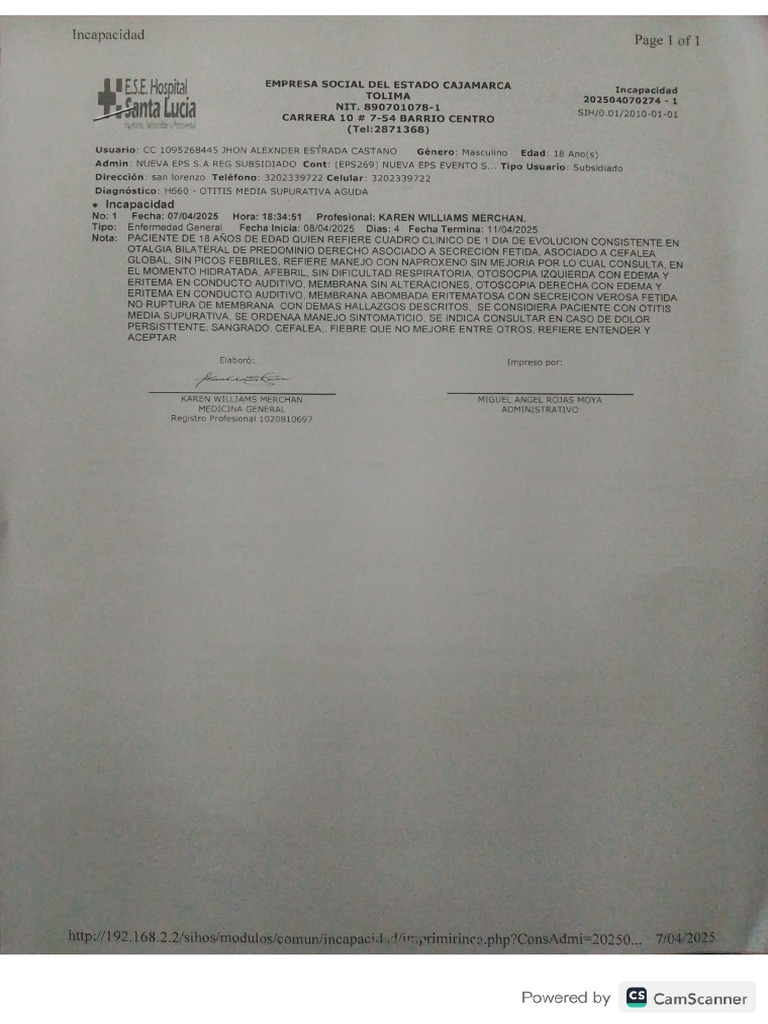 Historia Clínica e Incapacidad (Jhon Alexander Estrada Castaño Ficha 3146224 Procesamiento de ...