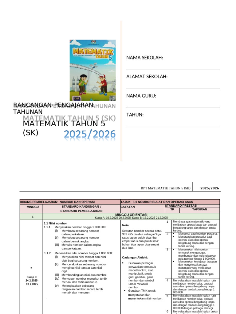 RPT Mate THN 5 SKPJ 2025-2026 | PDF