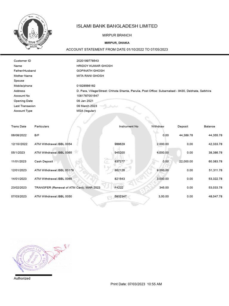 Account Statement: Islami Bank Mirpur | PDF