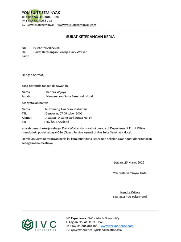 Surat Keterangan Daily Worker Yss | PDF