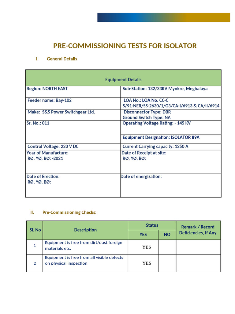 Pre-Commissioning Tests for Isolator | PDF | Switch | Electrical ...
