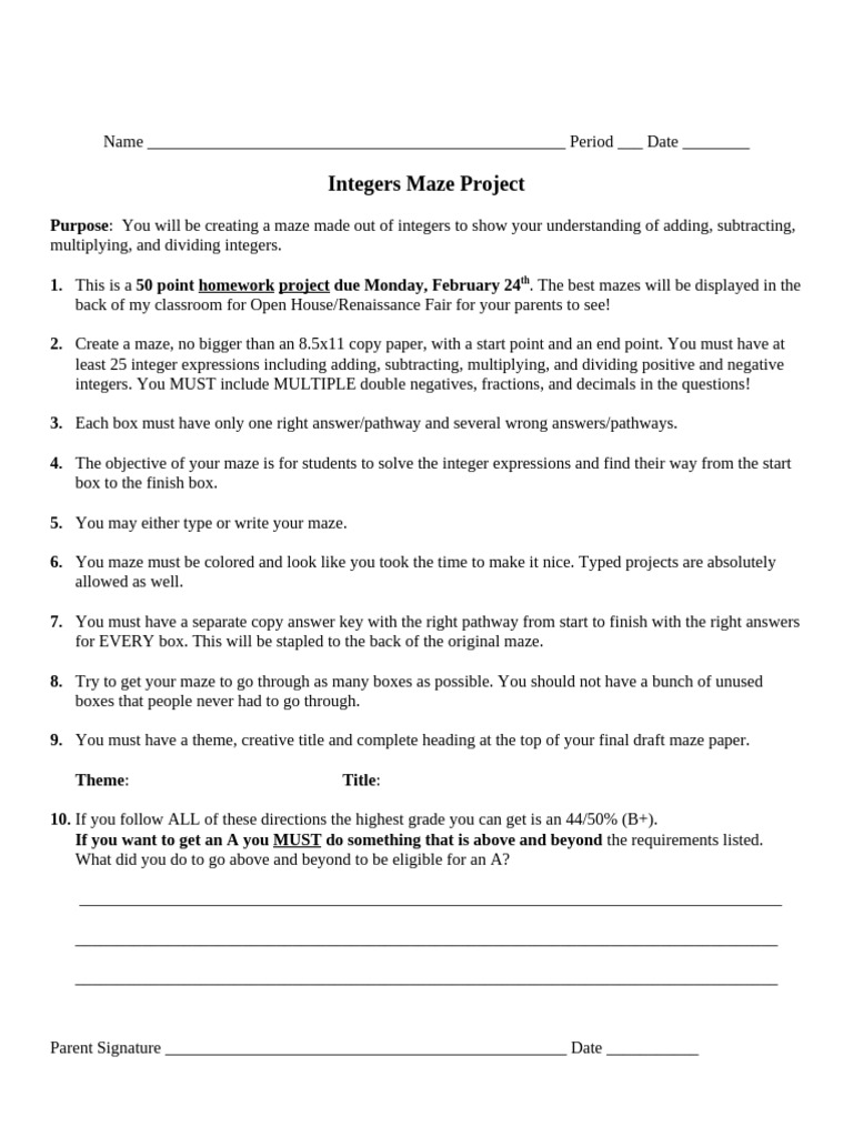 Integers Maze Project Directions | PDF