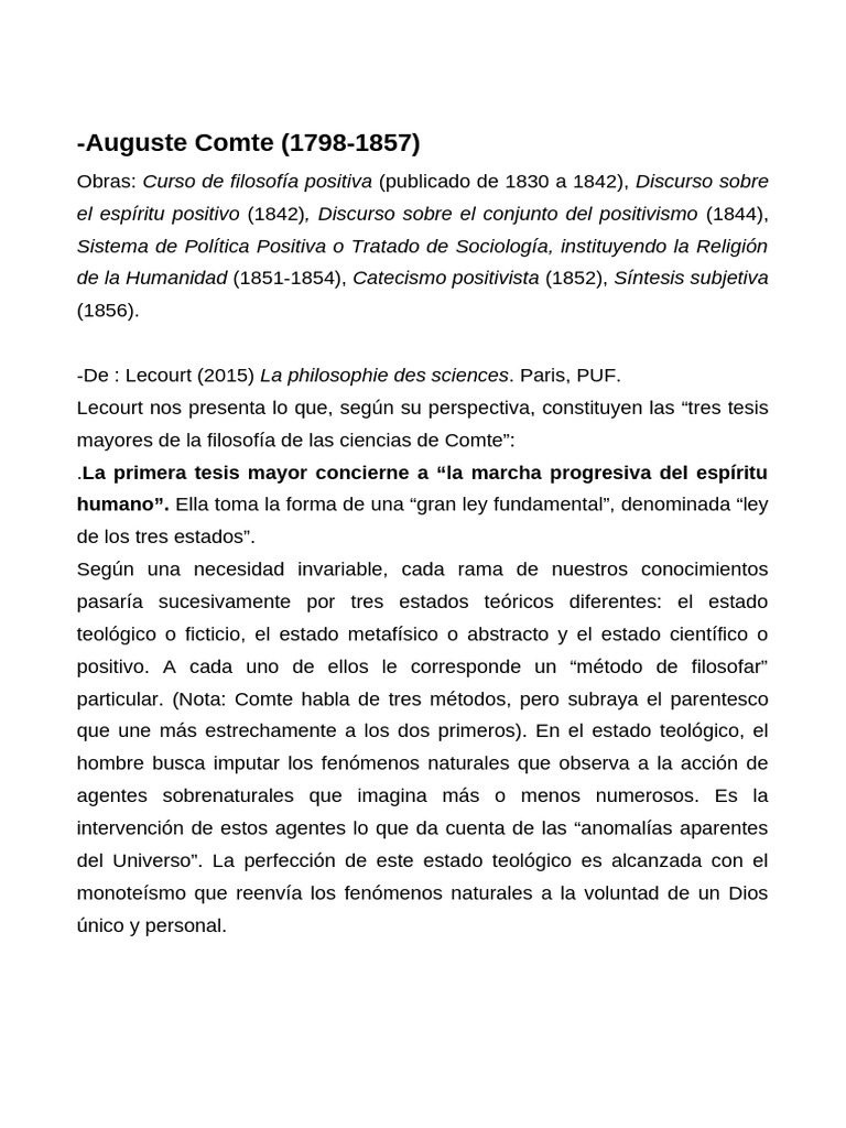 Comte. Resumenes Lecourt y Braunstein. | PDF | Positivismo | Metafísica