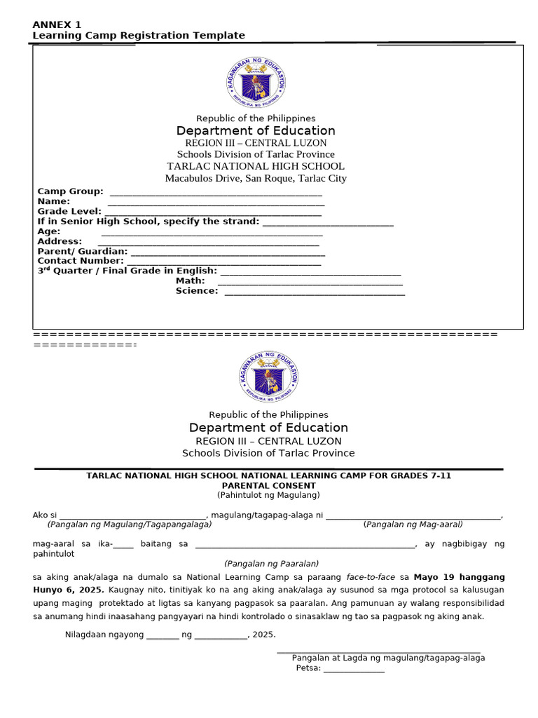 NLC Annex 1 Registration Form and Parent Consent Forms 2025 | PDF