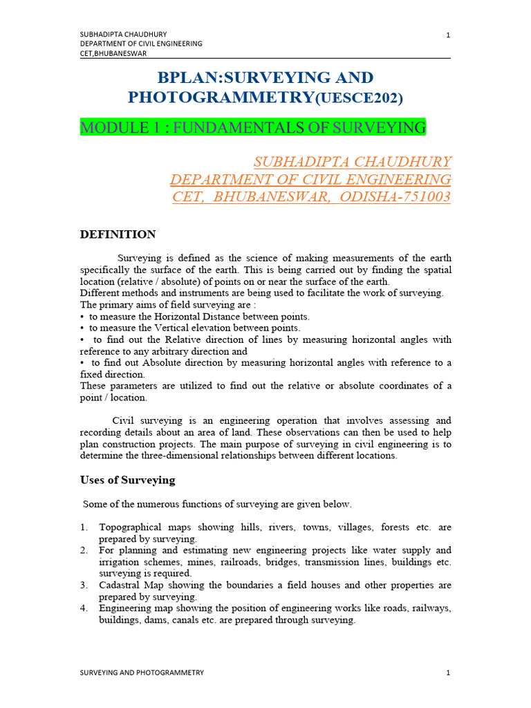 Survey Bplan MOD1 CLASS1 | PDF | Surveying | Geographical Technology