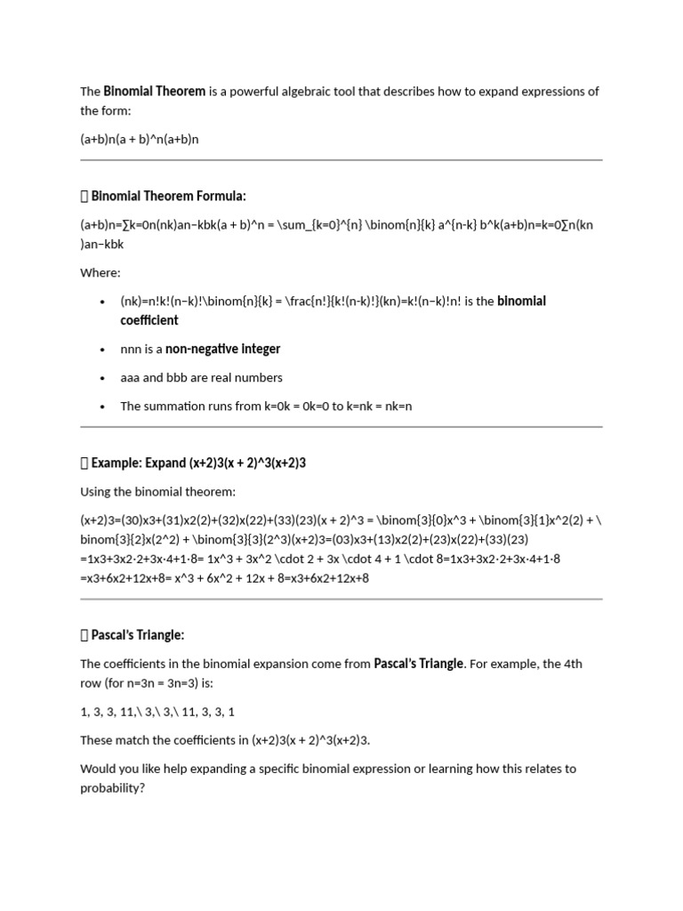 The Binomial Theorem Is A Powerful Algebraic Tool That Describes How To ...