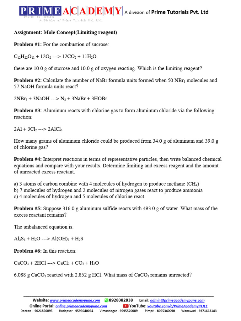 Assignment - Mole Concept-2 (Limiting Reagent) | PDF | Chemical Reactions | Molecules