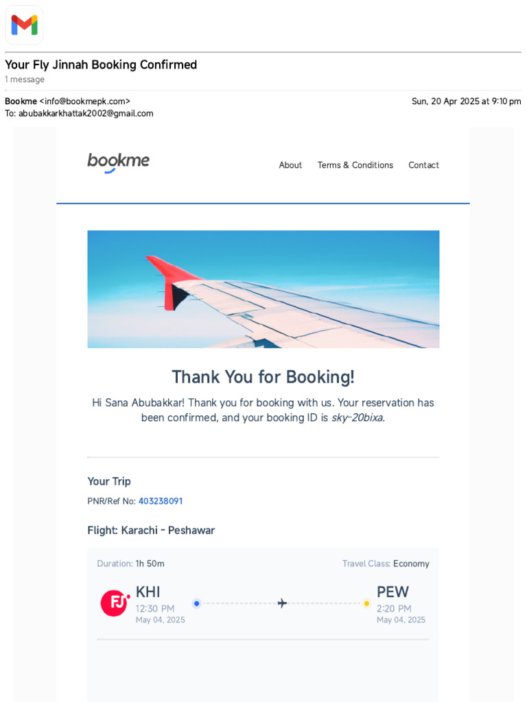 Fly Jinnah Booking Confirmation Details | PDF | Civil Aviation | Aviation