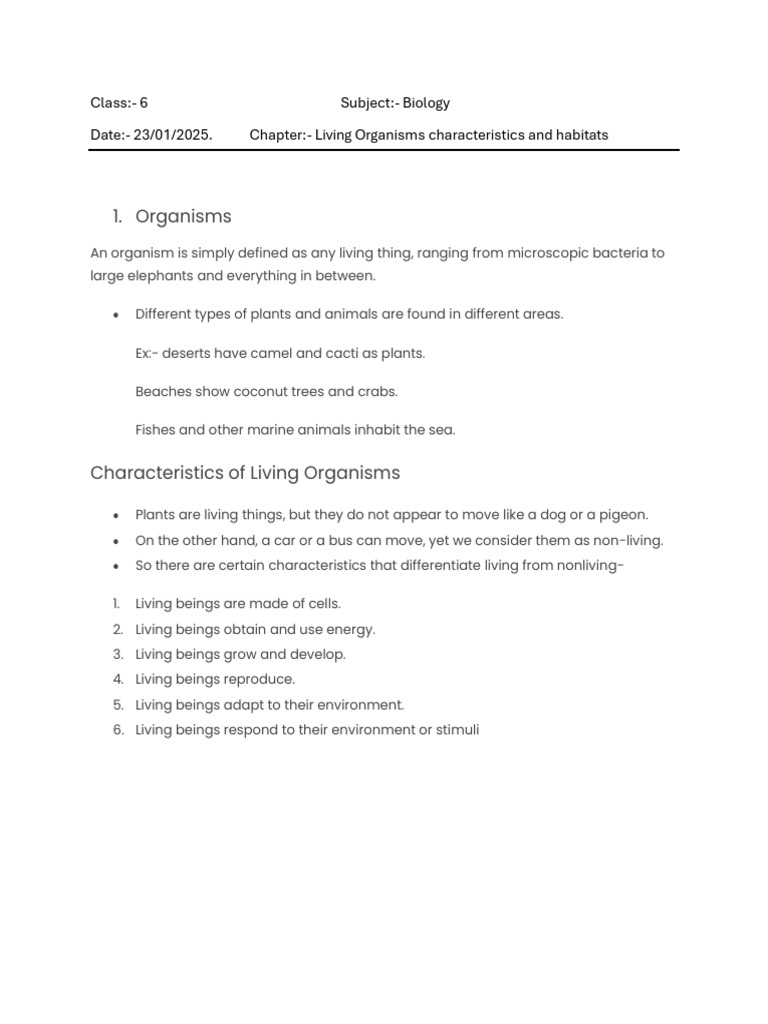 Characteristics of Living Organisms | PDF