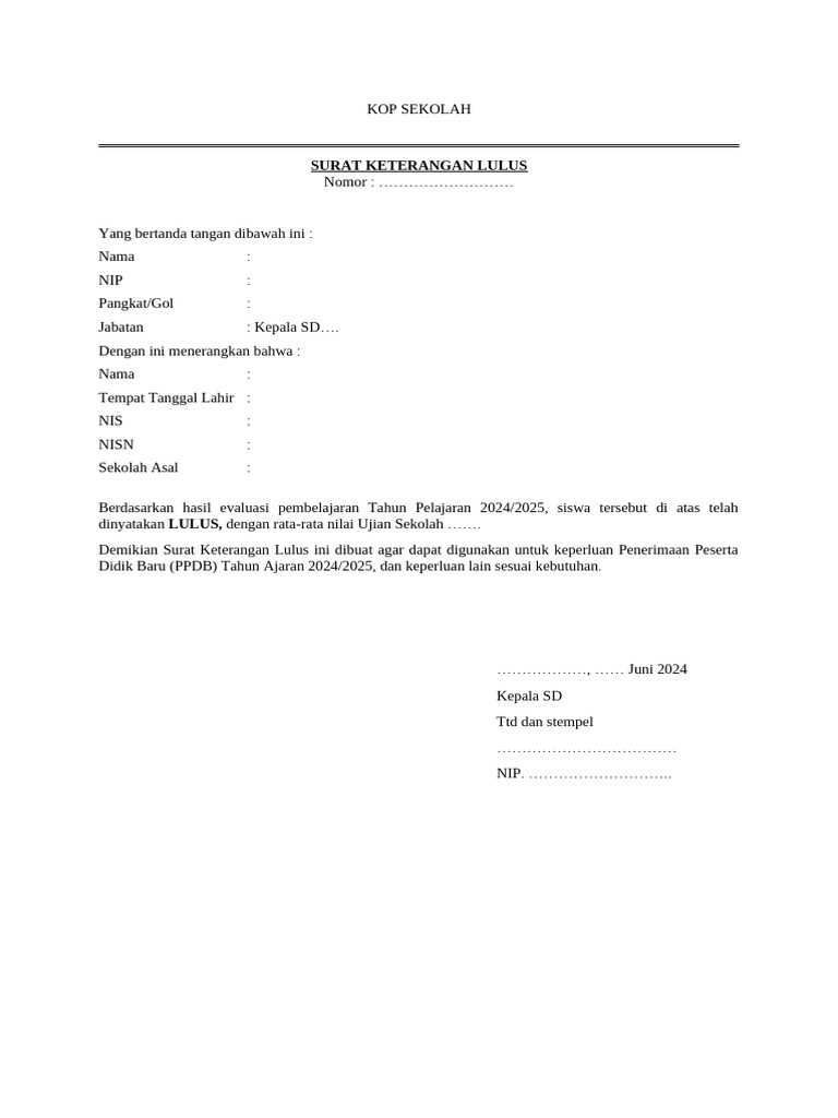 Surat Keterangan Lulus SD 2024 | PDF