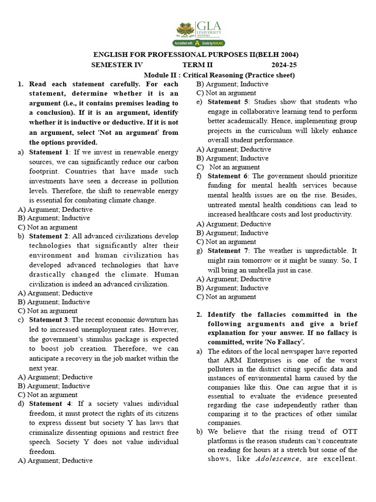Critical Reasoning Practice Sheet | PDF | Argument | Deductive Reasoning