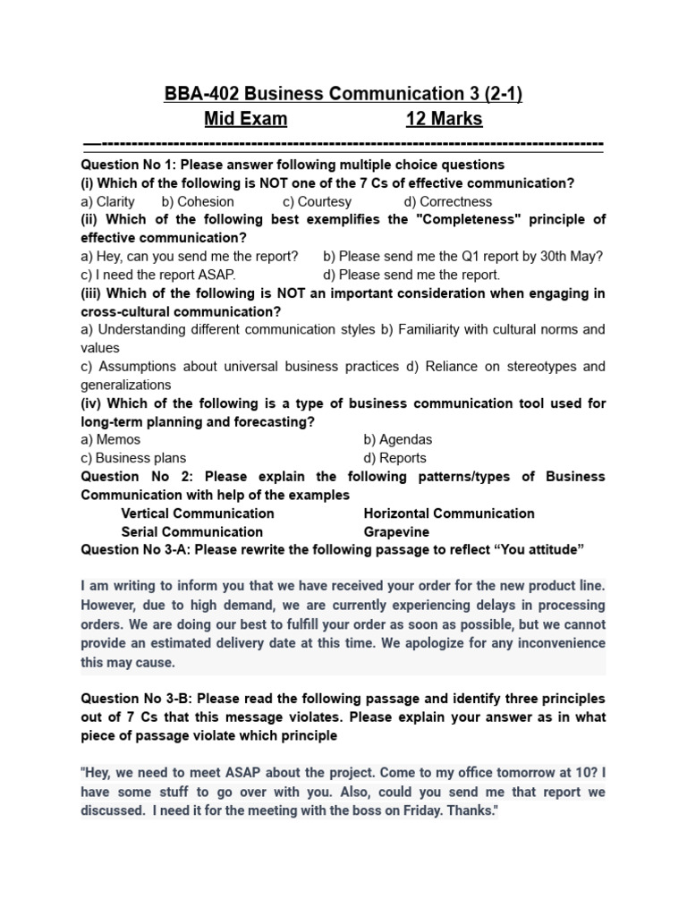 Mid Exam BBA-402 Business Communication 3 (2-1) - 1 | PDF