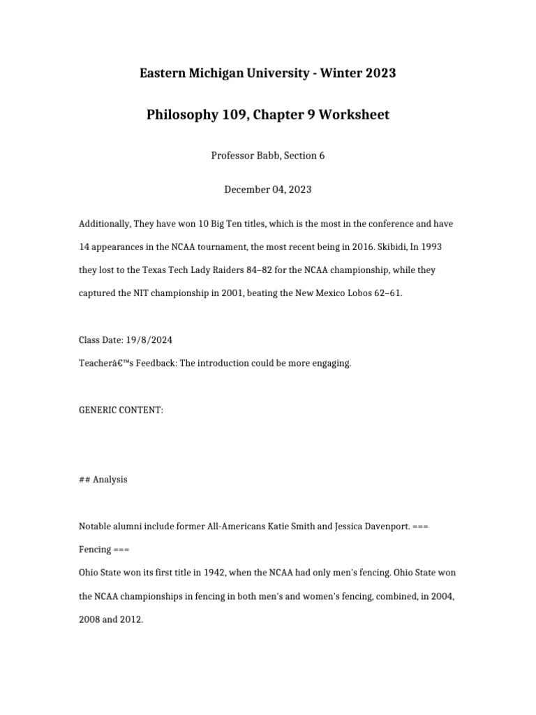 Philosophy 109 Chapter 9 Worksheet | PDF | Ohio State Buckeyes | Sports