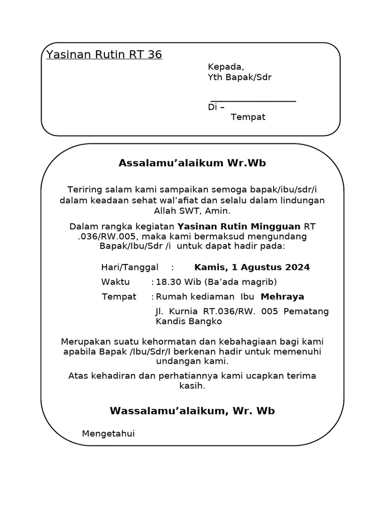 Undangan Yasinan Rutin RT 036 | PDF