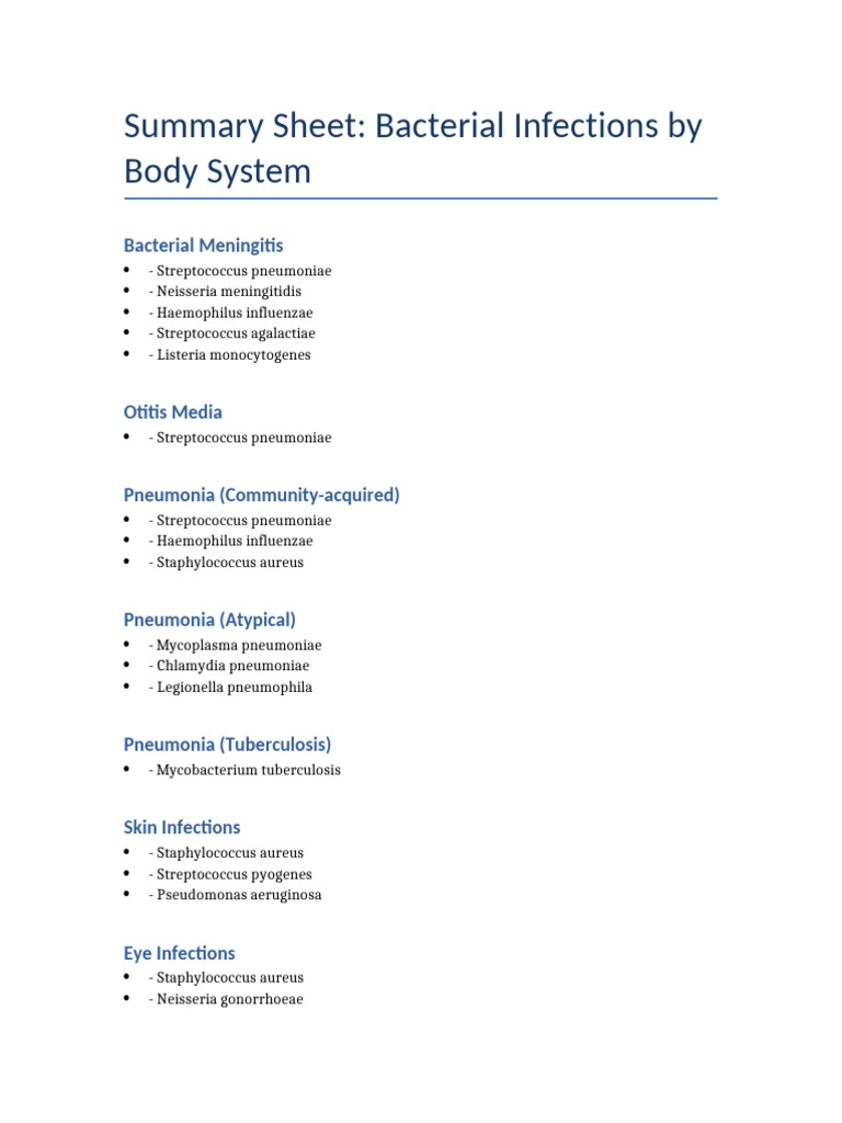 Bacterial Infections Summary Sheet | PDF