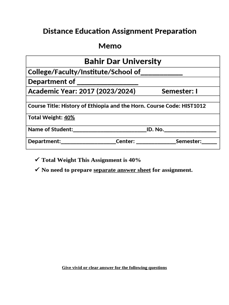 Hist 1012 History of Ethiopia and The Horn Assignement | PDF | Ethiopia