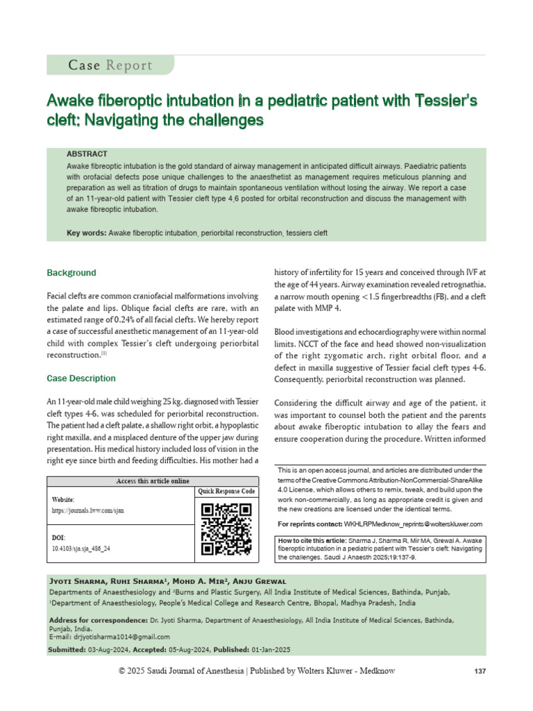 Awake Fiberoptic Intubation in A Pediatric Patient.28 | PDF | Surgical ...