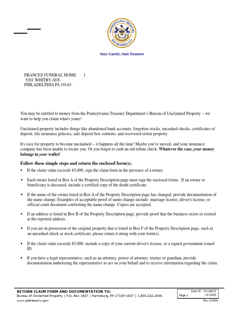 Claiming Unclaimed Property in PA | PDF | Life Insurance | Mail