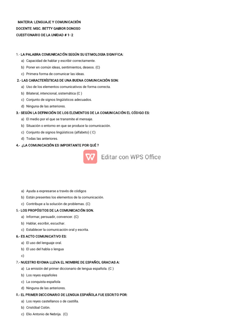 Banco de Preguntas Primer Parcial Lenguaje y Comunicación | PDF | Comunicación | Los símbolos