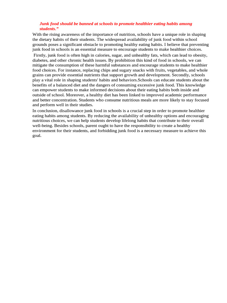 Ban Junk Food to Promote Student Health | PDF