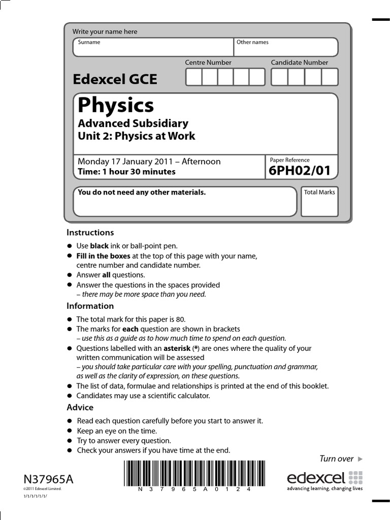 January 2011 QP - Unit 2 Edexcel Physics A-Level | PDF | Electron | Energy Level