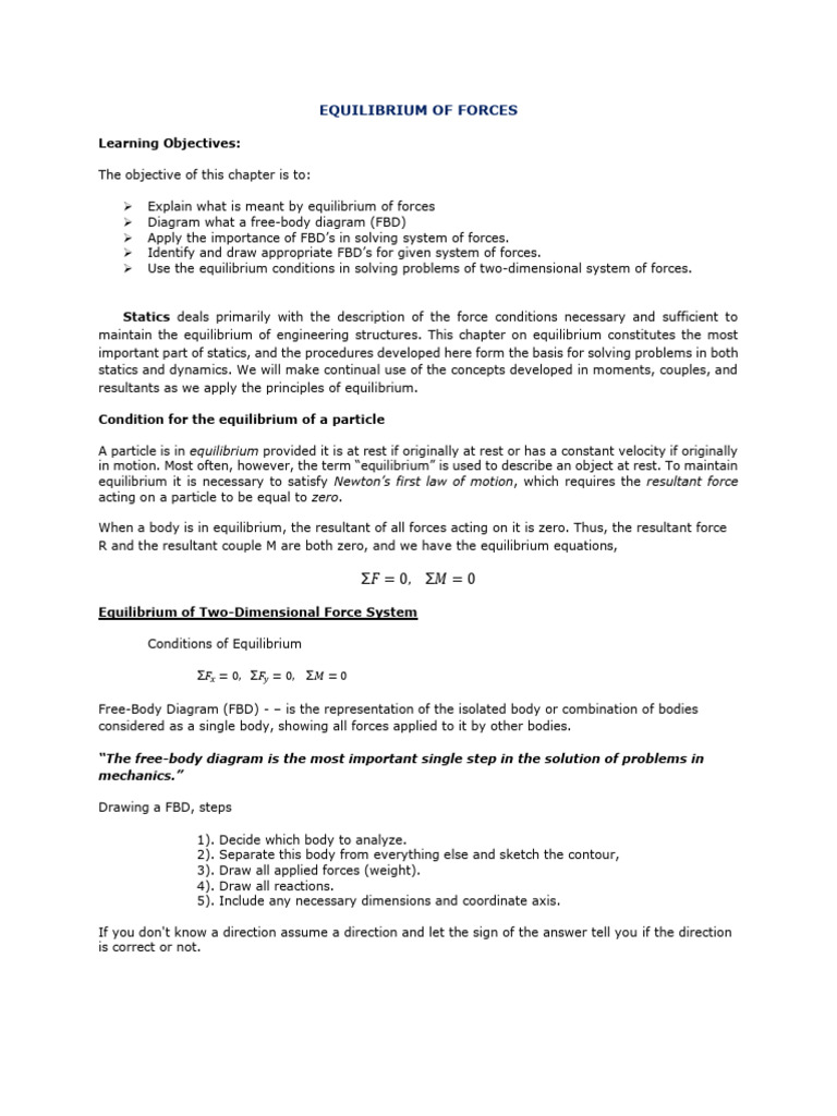 EQUILIBRIUM OF FORCES Notes | PDF | Force | Physical Sciences