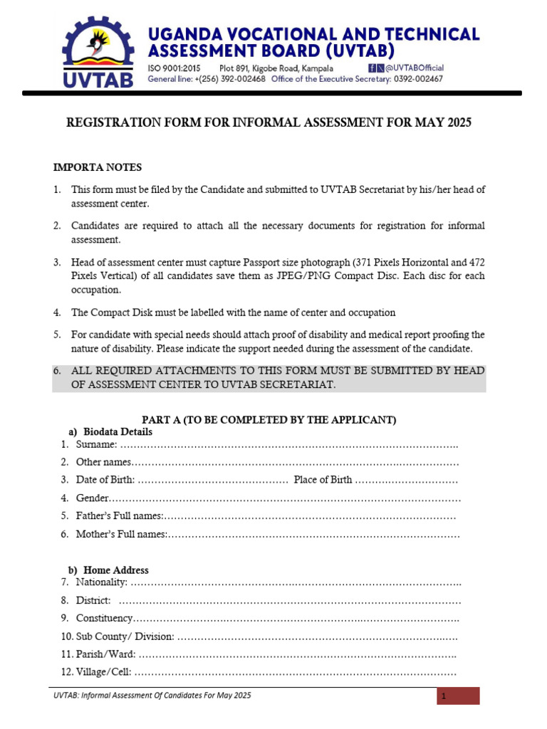 REGISTRATION FORM FOR INFORMAL ASSESSMENT-May 2025 | PDF