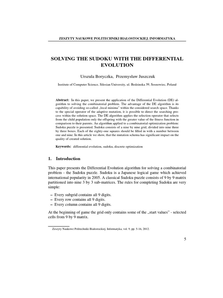 Solving the Sudoku With the Differe | PDF | Genetic Algorithm | Algorithms