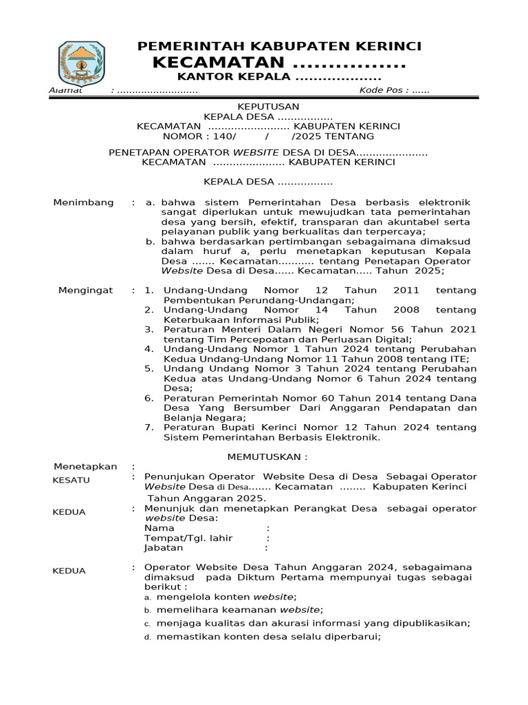 Format SK. Operator Website Desa | PDF
