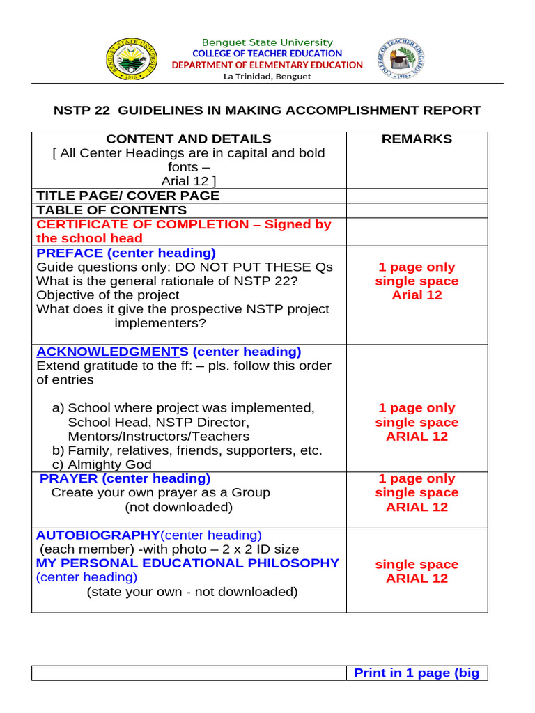 Guidelines NSTP Accomplishment Report | PDF