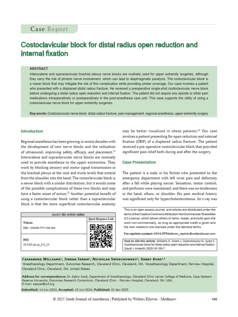 Costoclavicular Block For Distal Radius Open.18 | PDF | Anesthesia ...
