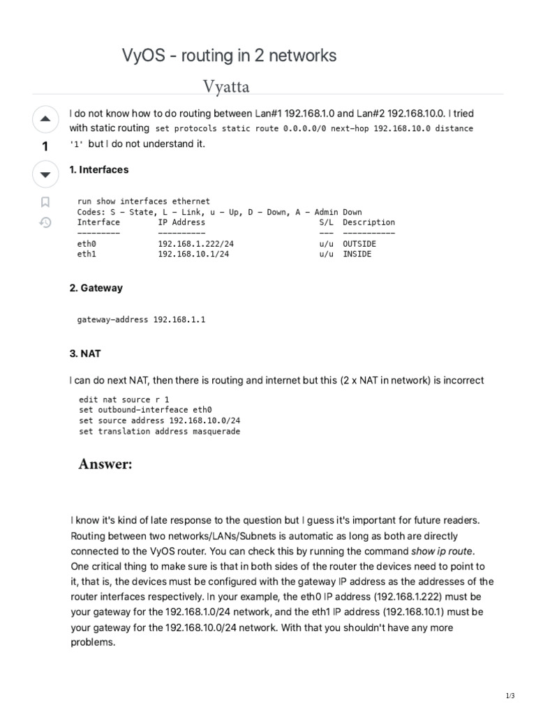 VyOS Vyatta - Routing in 2 Networks | PDF