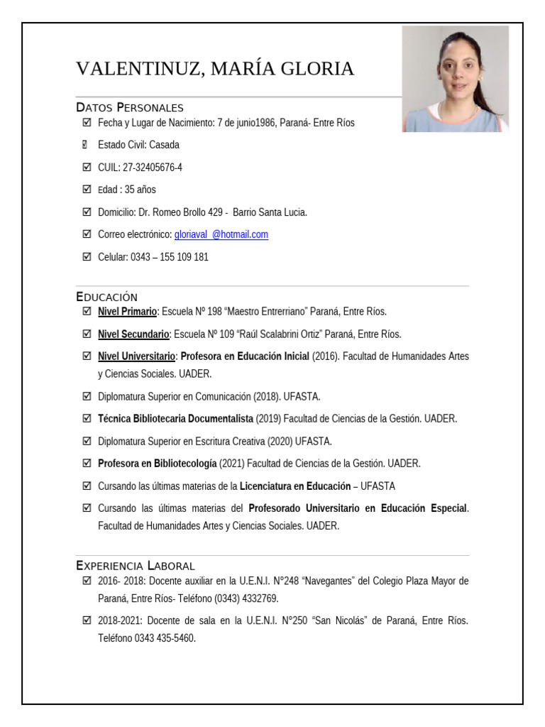 Perfil Profesional de María Gloria Valentínuz | PDF