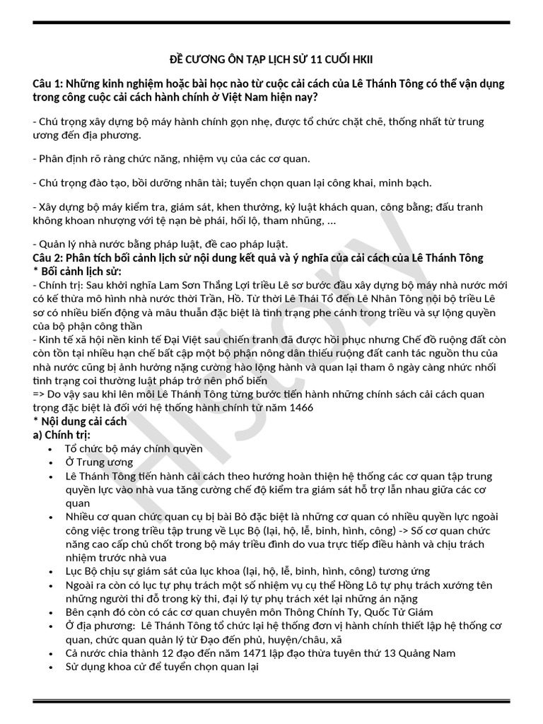 Đề Cương Ôn Tập Lịch Sử 11 Cuối Hkii | PDF