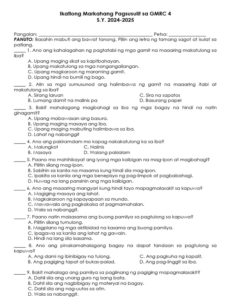 Ikatlong Markahang Pagsusulit Sa GMRC 4 | PDF