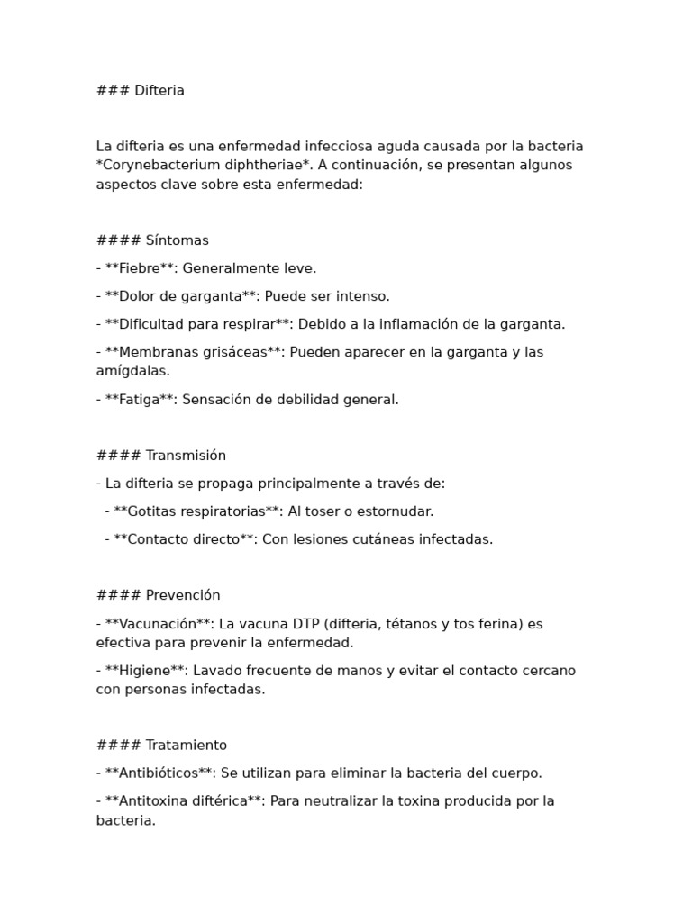 Difteria: Síntomas y Transmisión | PDF